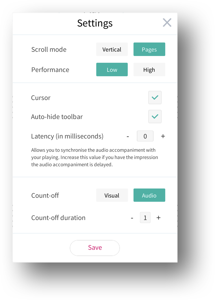 Settings (latency, count-off, cursor and layout settings...) – Tomplay ...